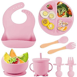 Hoidokly Baby Feeding Set, 8 Pcs Silicone Baby Led Weaning Supplies Includes Cup Baby Plate, Bowl, Adjustable Bib, Cup, Spoon and Fork,BPA Free Baby Weaning Utensils Set for 6+ Months-Pink