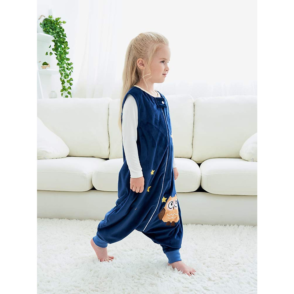 JunNeng Baby Boy Girl Fleece Sleeveless Sleep Bag with Feet Kids Cartoon Onesie Pajamas Wearable Blankets (Navy Blue Owl, M/3-5 Years)