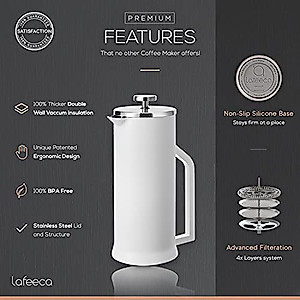 LAFEECA French Press Coffee Maker - Stainless Steel Double Wall Vacuum Insulated - Large Thermal Brewer 34 oz 1000 ml White