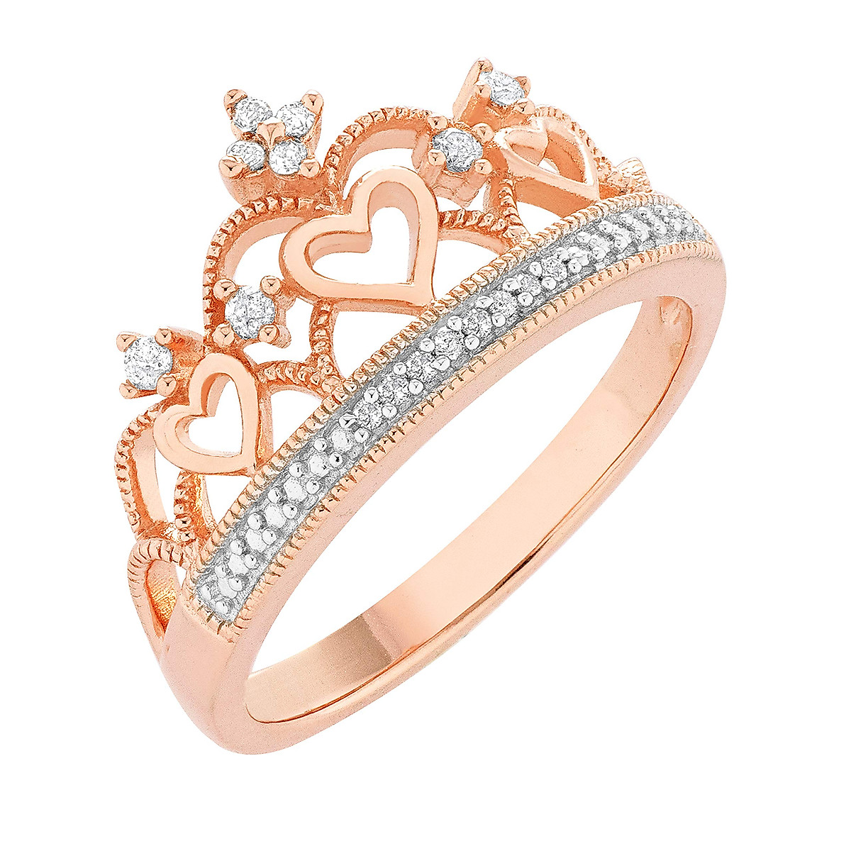 14K Rose Gold Plated .925 Sterling Silver 1/10 Cttw Diamond Heart Crown Ring (I-J Color, I2-I3 Clarity) - Size 7
