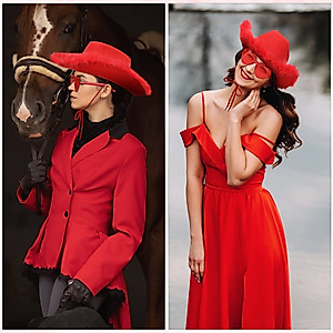 Handepo 3 Pcs Cowgirl Cowboy Hat Set Cowgirl Hat with Feathers Heart Shaped Sunglasses Bandana Accessories for Women Cowgirl(Red)