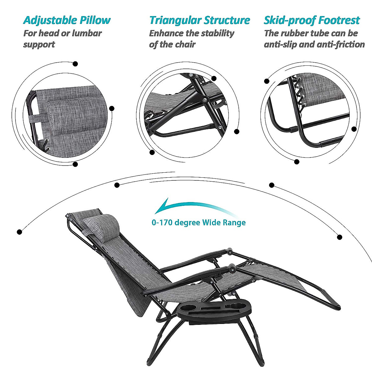 Flamaker Zero Gravity Chair with Canopy Outdoor Lounge Chair Folding Patio Recliners Adjustable Lawn Lounge Chair with Pillow for Poolside, Yard and Camping (Grey)