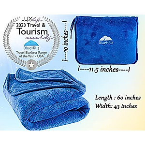 BlueHills Premium Soft Travel Blanket Pillow Airplane Blanket Packed in Soft Bag Pillowcase with Hand Luggage Belt and Backpack Clip, Compact Pack Large Blanket for Any Travel (Royal Blue T003)