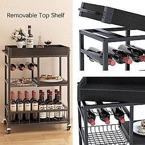 Azheruol Bar Cart with Basket 3 Tiers Home Rolling Wine Rack with Wheels Mobile Kitchen Industrial Vintage Style Wood Metal Serving Trolley Serving Cart,Black Frame Home Kitchen Shelf for Party