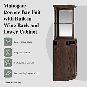 Home Source 73" Tall Corner Storage Cabinet with Wood Doors, Wine Rack, Liquor Glass Holder, Glass Design Large Rustic Bar Hutch for Living Room, Home Office, Kitchen, Small Space, Stone Grey