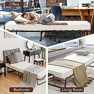 GOFLAME Folding Bed with Memory Foam Mattress, Portable Rollaway Guest Bed with Heavy-Duty Steel Frame & Rolling Casters, Sleeper Bed Cot Size for Adults & Kids, Dustproof Cover Included