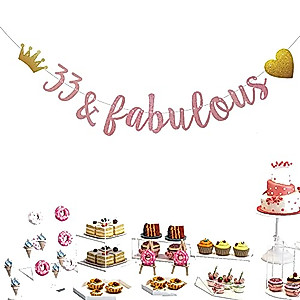 33 & fabulous Banner, Pre-Strung, No Assembly Required, Funny Rose Gold Paper Glitter Party Decorations for 33rd Birthday Party Supplies, Letters Rose Gold,ABCpartyland