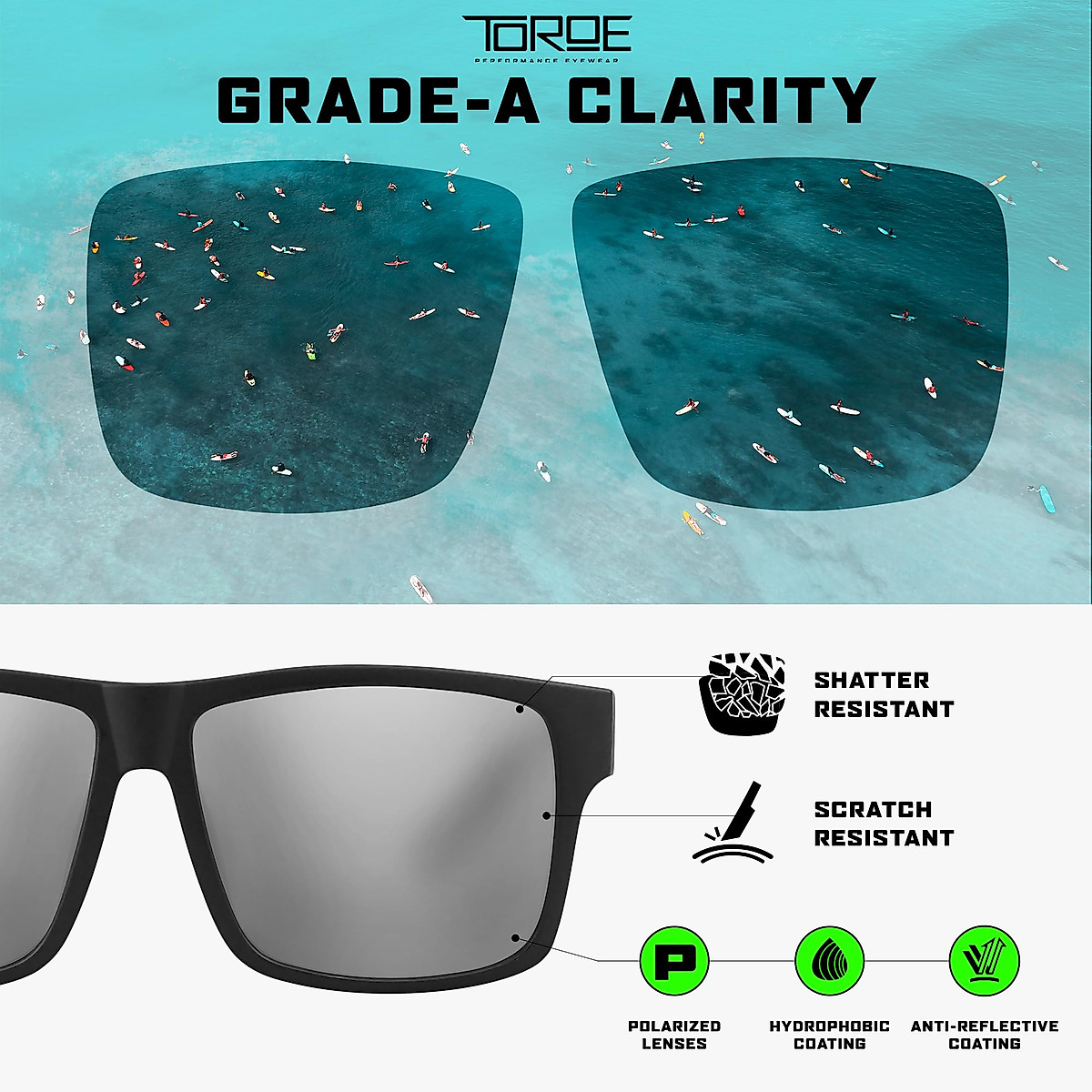 TOROE Classic RANGE Black Frame Polarized TR90 Unbreakable Sunglasses with Hydrophobic Coated Polycarbonate AR Lenses (Matte Black | Silver (CAT3))