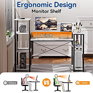 HYPIGO White Computer Desk with Printer Shelf, 63 Inch Industrial Office Desk with Storage Shelves, Writing Workstation with Bookshelf, Study Table for Home Office