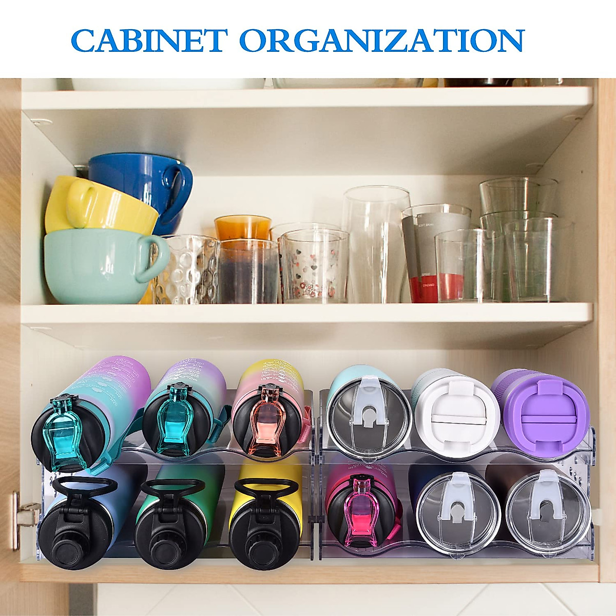 Yipaga Water Bottle Organizer for Cabinet, 3 Pack Stackable Kitchen Pantry Organization and Storage Shelves, Plastic Water Bottle Holder for Fridge Wine Drink Racks Tumbler Travel Mug Cup Organizer