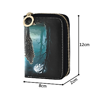 Howling Wolf At Full Moon Night Credit Card Coin wallet, RFID Blocking Compact Women Leather Card Holder, Key Change Organizer, Zipper Purse Clutch Pouch Pocket