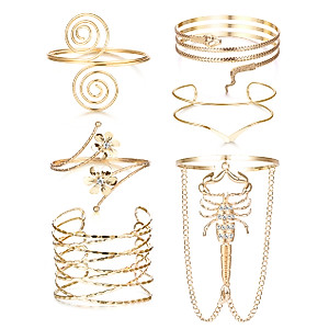 ORAZIO 6Pcs Arm Cuff Upper Arm Bracelet Band for Women Gold Plated Armlet Snake Armband Adjustable Greek Arm Cuff Bangle Adjustable