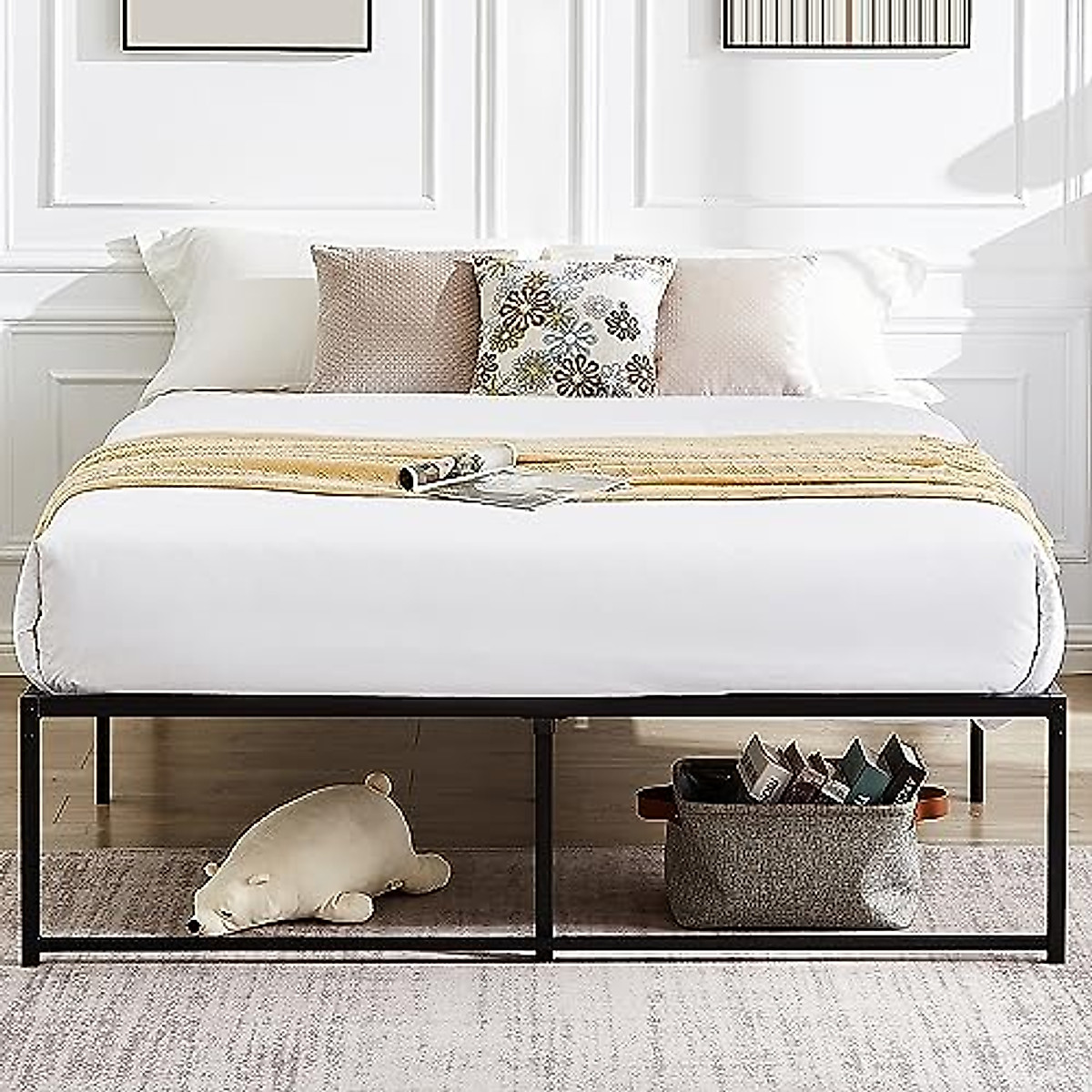 VECELO 16" Metal Platform Tall Bed Frame,Mattress Foundation/No Box Spring Needed/Heavy Duty Steel Slat Support (Full Size)