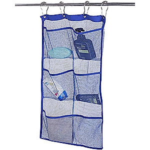 ALYER 6 Storage Pockets Hanging Mesh Shower Caddy,Space Saving Bathroom Accessories and Quick Dry Bath Organizer,Blue