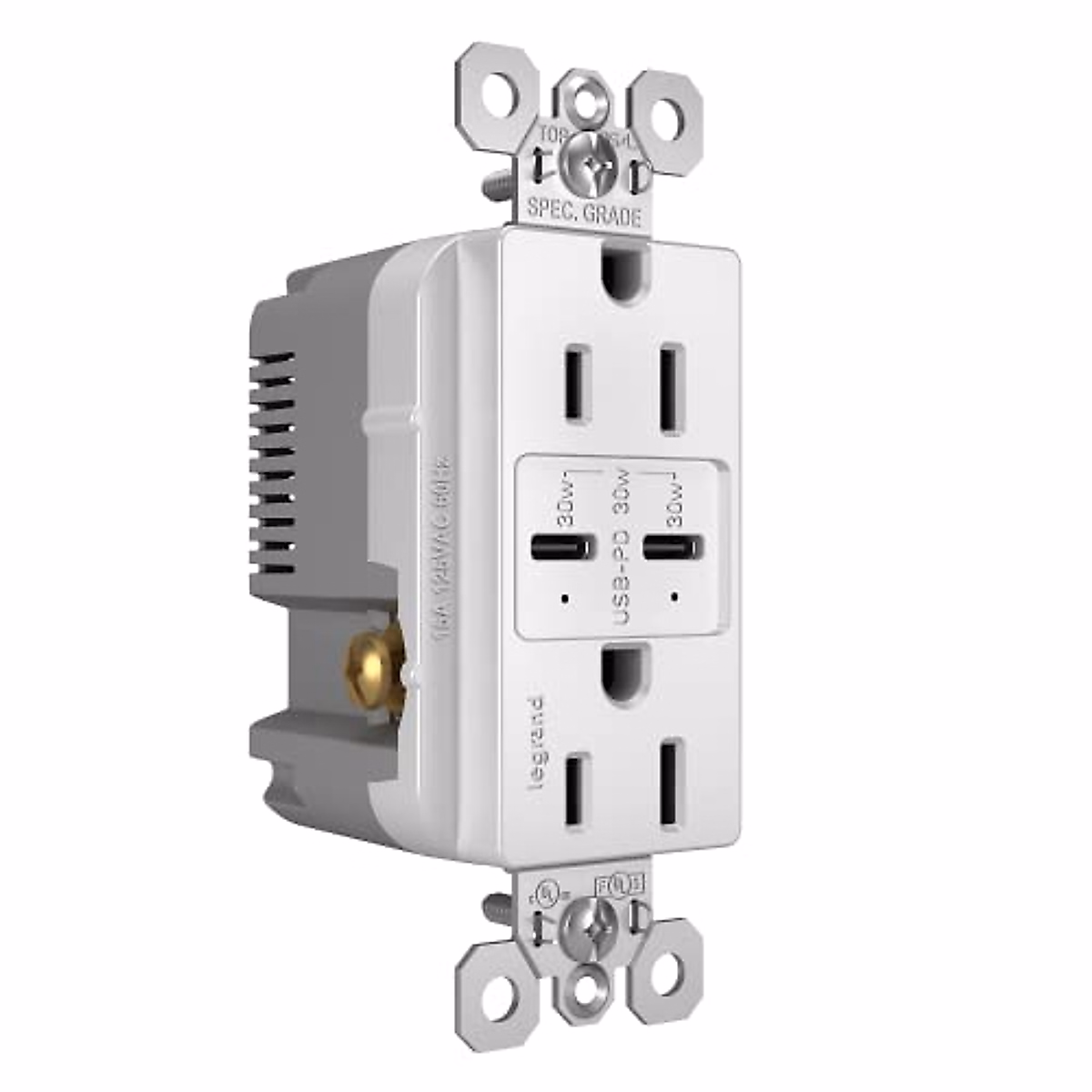 Legrand radiant R26USBPDW 15 Amp Tamper-Resistant Decorator Duplex Receptacle Outlet with Ultra Fast USB C/C 6.0A Charging Ports PLUS 30W Power Delivery, White (1 Count)