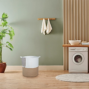 Hiromi Cotton Rope Basket - Decorative White Storage Bins for Room Organization - Firm Woven Hamper for Laundry - Toys, Towel, Cushion, Throw Pillow, Blanket Holder with Durable Handles - 16in x 18in