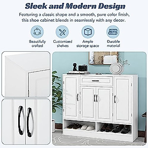 Modern Shoe Cabinet with Adjustable Shelves and Sturdy Top Surface, Wood Sideboard with 1 Drawers, Multifunctional Storage Cabinet for Entrance Corridor Bedroom (White + Particle Board-035)