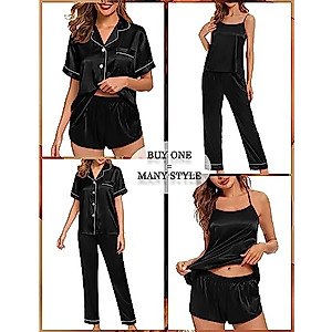 SWOMOG 4 Pcs Silk Pajamas for Women Shorts Set Satin Sleepwear Sexy Cami Pants Button-down Shorts Shirt Pjs Set Lounge Wear Black