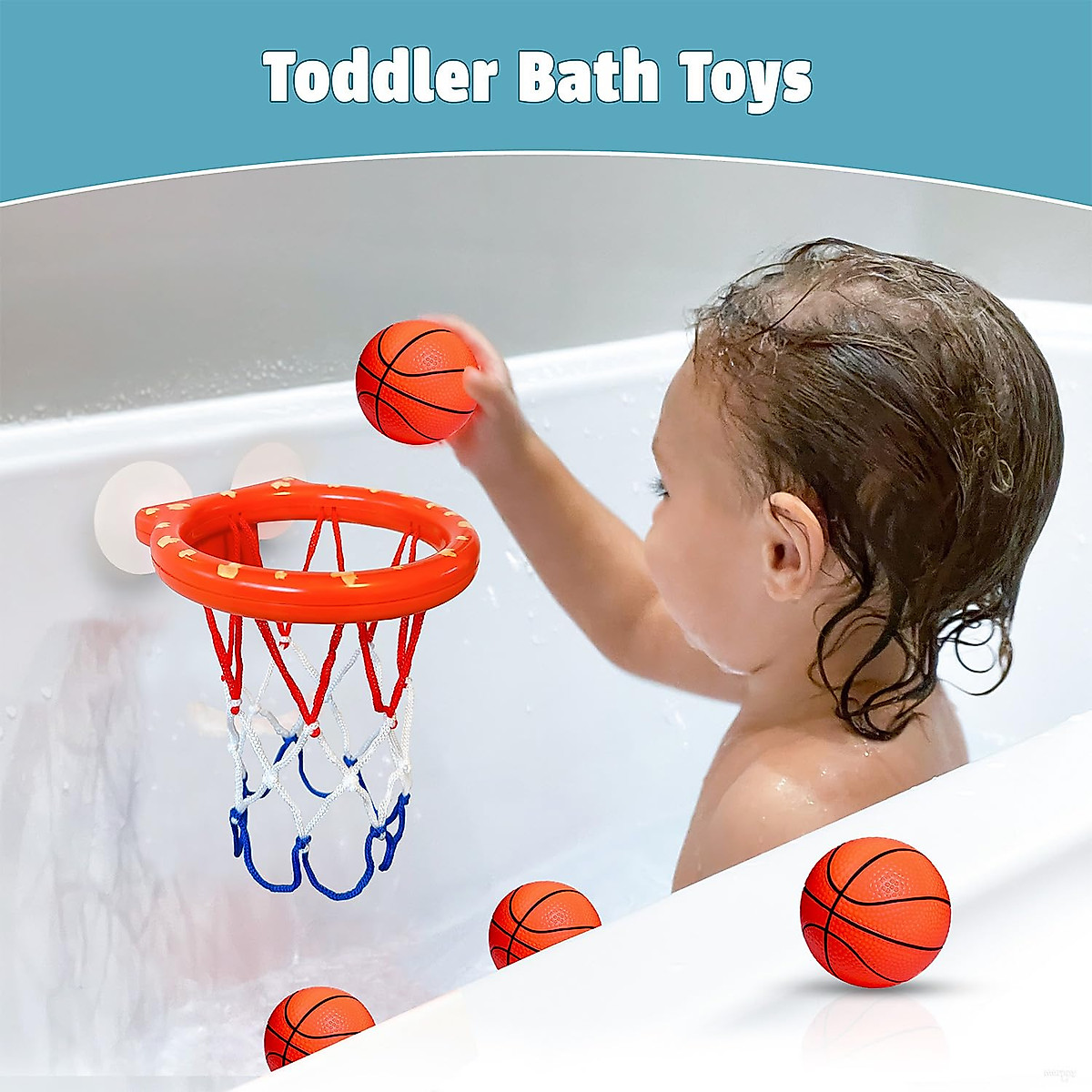 MARPPY Bath Toys, Bathtub Basketball Hoop for Toddlers Kids, Boys and Girls with 4 Soft Balls, Mold Free & Strong Suction Cup, Bathtub Shooting Game & Fun Toddlers Bath Toys for Boys or Girls