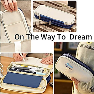 Eaarliyam Pencil Case,Expandable Pencil Case, Large Capacity Pencil Cases Pen Bag Pouch Holder School Stationery Organizer Makeup Cosmetic Bag,Navy+Beige Aesthetic Pencil Case