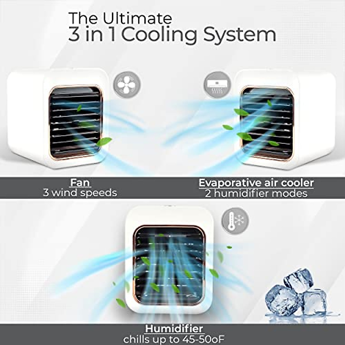 Airtic Mini Portable Air Cooling Fan, Personal Cooler, 3 Wind Speeds 2 Evaporative LED Light, Rechargeable Battery 4-16H, Small Fan for Office Desk Camping Tent Bed, White, 5.1 x 5.7 6.3