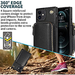 DEFBSC Crossbody Zipper Wallet iPhone 12 Mini Case, Square Wallet Case with Crossbody Chain Credit Card Holder Slot Shoulder Handbag Purse Wrist Strap Case for iPhone 12 Mini 5.4 Inch(Black)