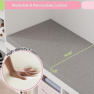 MU Kids Bookshelf with Reading Nook, Toddler Bookcase Bench with Seat Cushion and 7 Storage Cubbies, Kids Reading Nook for Boys & Girls, Toy Storage Bench Box for Bedroom, Playroom, Nursery, White