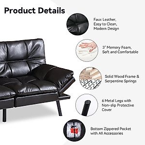Hcore Convertible Couch, Memory Foam Futon Sleeper, Loveseat Sofa Bed Sofabed, Bright Black