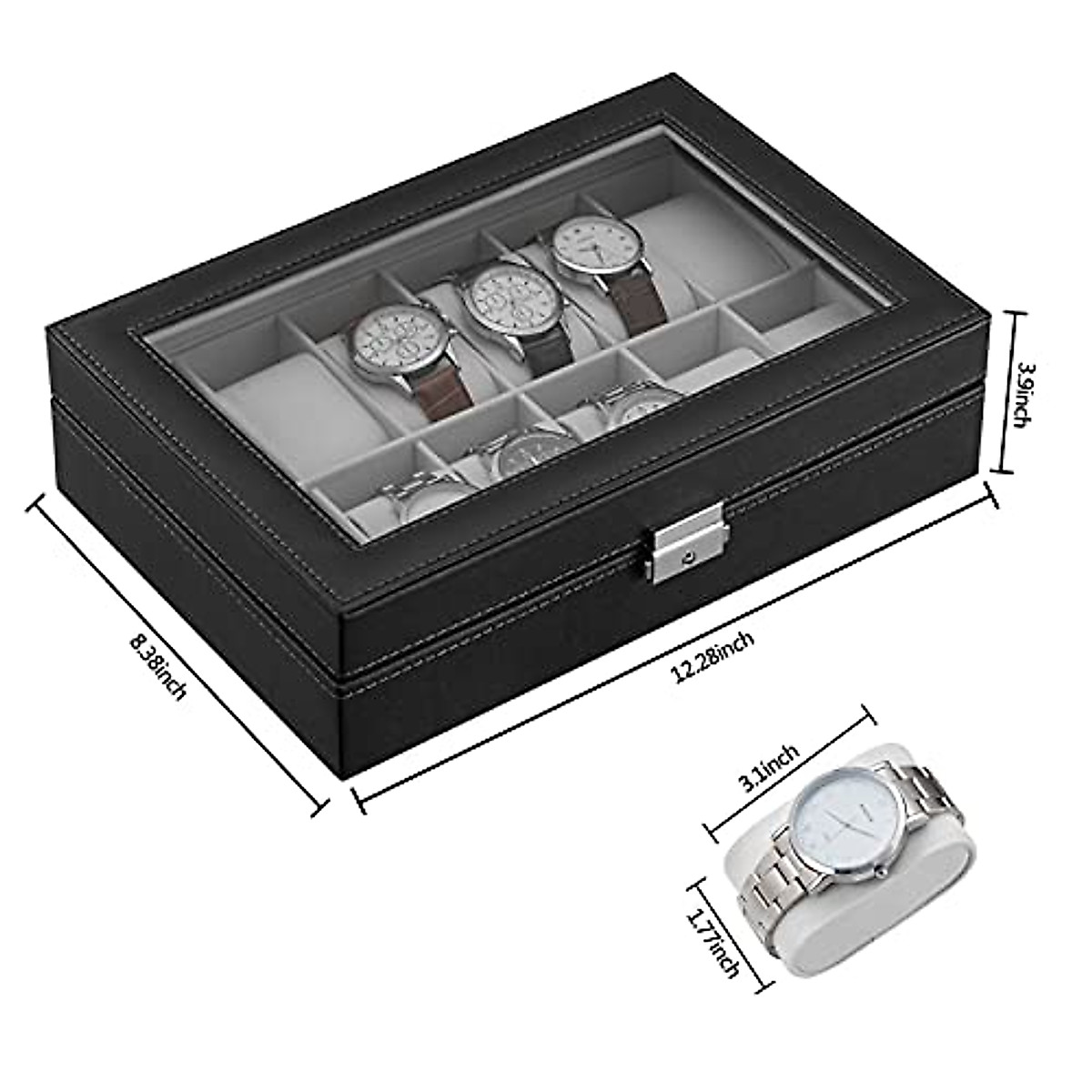 Oyydecor Watch Box PU Leather Case Organizer Wooden Storage Organizer for Storage and Display Men's & Women's Gift Business (12Slots-Gray)