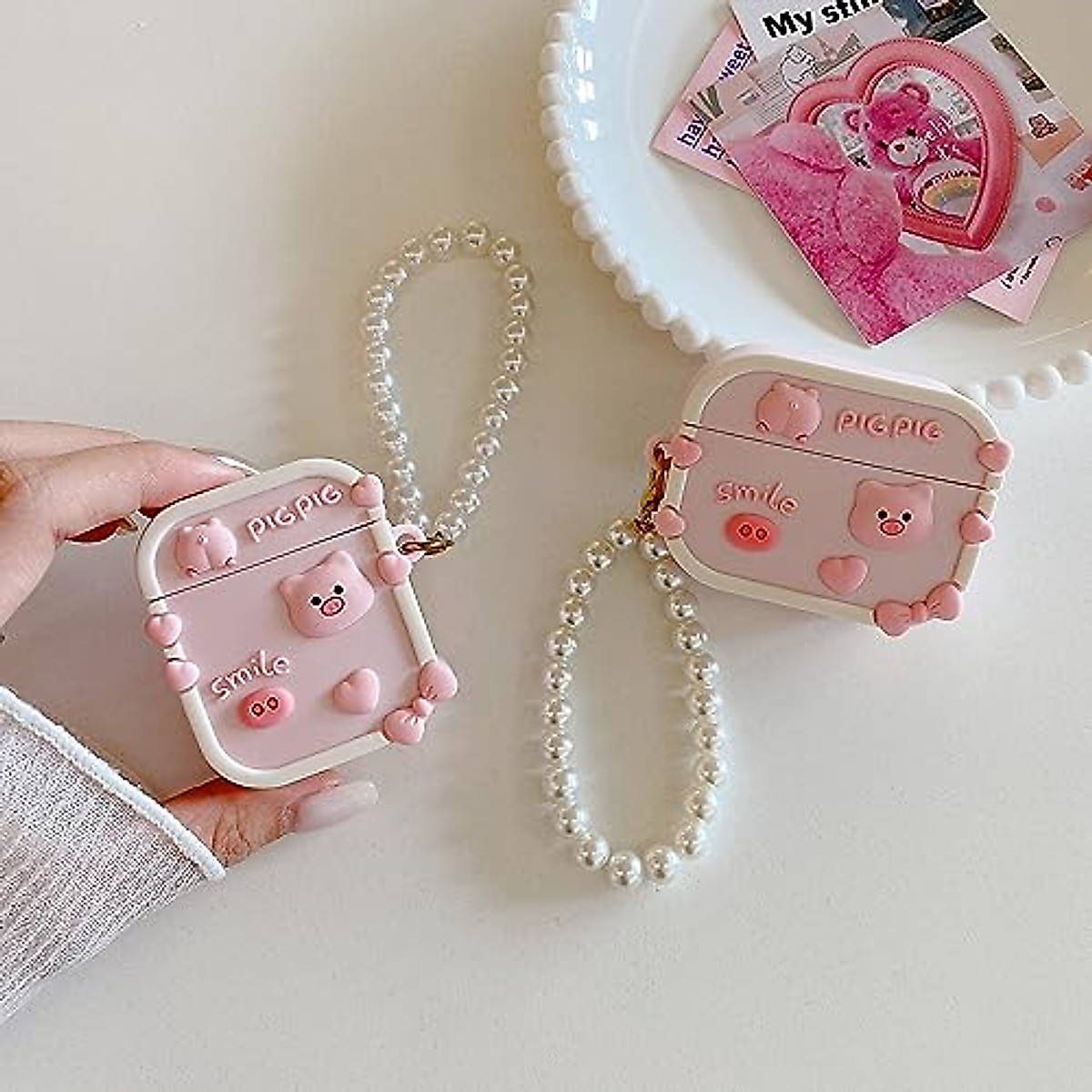 QIXIU for AirPods Pro Case Cover with Pearl Bracelet,Full Protective Silicone Skin Accessories for Women Girl,Kawaii Cute Piglet Wireless Charging Headset Accessories,Pink