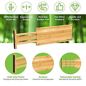 ANTOWIN 4 Pack Expandable Drawer Dividers, 4.7'' High, Extend from 12.2'' to 17.7'', Dresser Drawer Organizers, Bamboo Separators for Kitchen, Bedroom, Office, Bathroom (Natural)