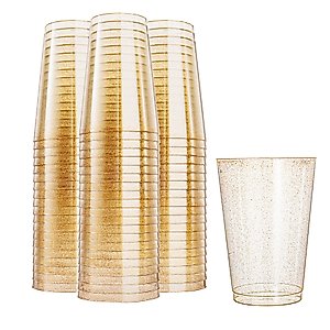 N9R 100pcs 12oz Gold Plastic Cups, Gold Glitter Disposable, Elegant Wedding and Party Cups