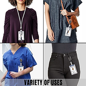 Retractable ID Badge Holder, Multipurpose Bling Rhinestone Badge Reel with Belt Clip, Shiny PU Leather Badge Holder with Lanyard and Pen Holder for Nurse, Teacher, Student, Office Worker (Silver)