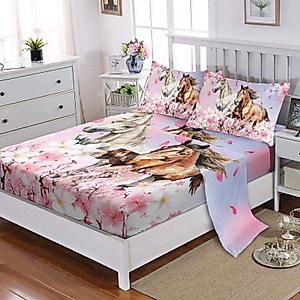 XYNHML Kids Galloping Horse Fitted Sheet Set 4Pcs Full Animal Theme Handsome Horse Chic Cherry Blossom Bed Sheet Wild Animal Bed Cover for Boy Girl Includes 1 Fitted Sheet,1 Flat Sheet,2 Pillowcases
