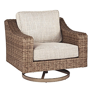 Signature Design by Ashley Beachcroft Outdoor Swivel Wicker Patio Lounge Chair, Beige