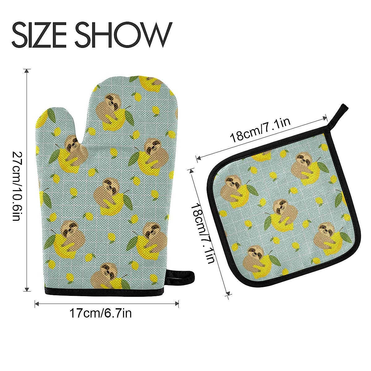 Oven Mitts Pot Holders Sets - Cute Sloth Lemon Cooking Gloves Hot Pads Non-Slip Potholders for Kitchen Baking Cooking BBQ Grilling