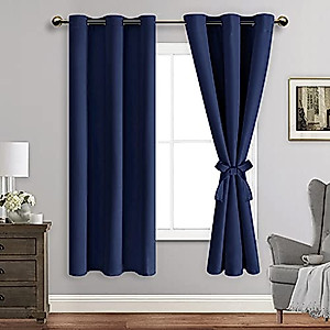 JIUZHEN Blackout Curtains with Tiebacks - Thermal Insulated, Light Blocking and Noise Reducing Grommet Curtain Drapes for Bedroom and Living Room, Set of 2 Panels, 42 x 63 Inch Length, Navy Blue