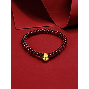 ZHOU LIU FU 24K Solid Gold Bracelet for Women, Real Pure Gold Jewelry Gourd Garnet Beaded Bracelet for Men Girlfriend