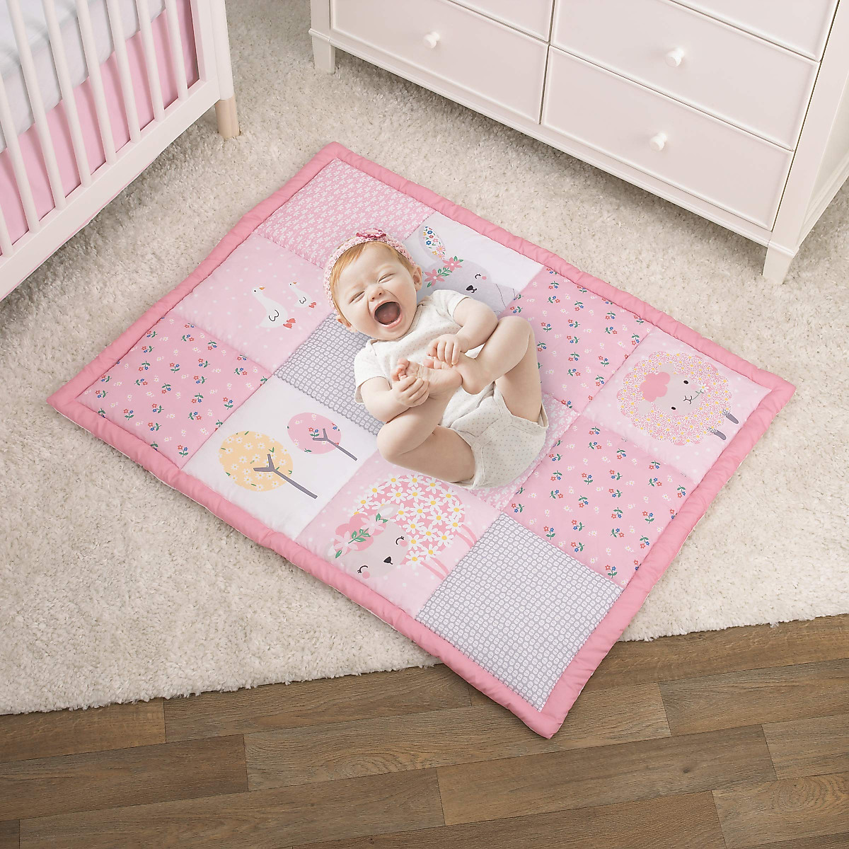 Little Love by NoJo Farm Chic - Little Lambs Pink, Grey and White 3 Piece Crib Bedding Set- Comforter, Fitted Crib Sheet, Dust Ruffle