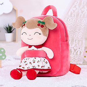 Gloveleya Toddler Backpack Plush Kids Bag with Soft doll Cherry Girl Red for Age 2+
