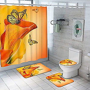 LyerArtork 4 Pieces Calla Lily and Butterfly Shower Curtain Set with Non-Slip Rug Toilet Lid Cover and Bath Mat Orange Valentines Day Bathroom Decor with Hooks Spring Flower Floral Bathtub Curtain