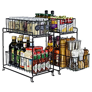SUFAUY 2 Pack Stackable 2-Tier Under Sink Cabinet Organizer with Sliding Drawer for Pantry Organization or Kitchen Storage, Black