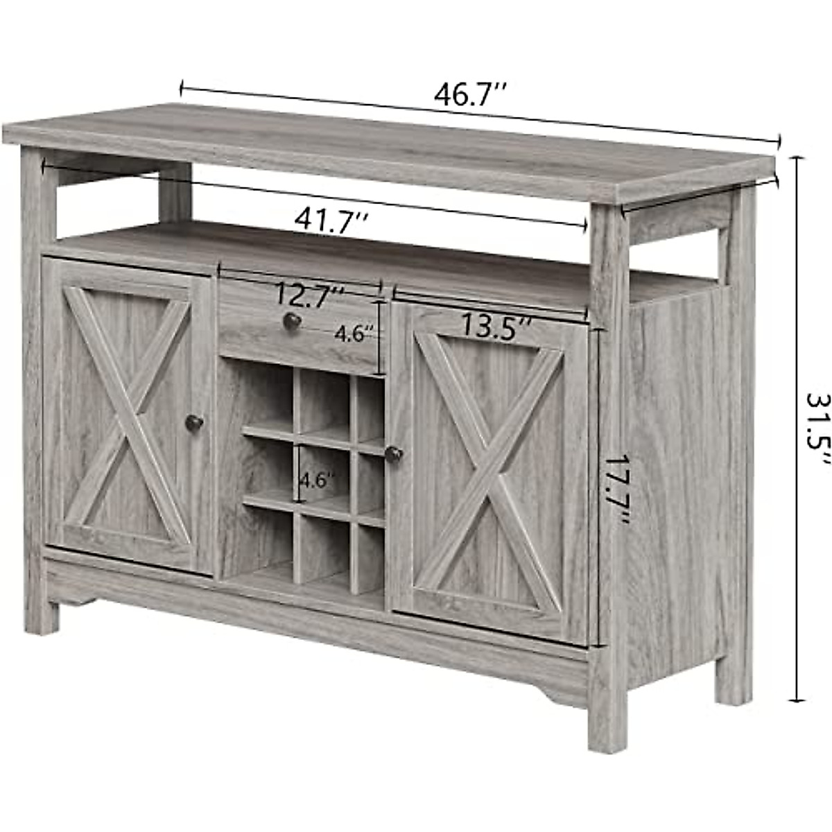 Farmhouse Coffee Bar Cabinet, 47" Kitchen Buffet Storage Cabinet with 9 Wine Racks, Sideboard Buffet Cabinet with 2 Barn Doors and Drawer, Wine Bar Cabinet for Dining Room, Living Room, Rustic Gray