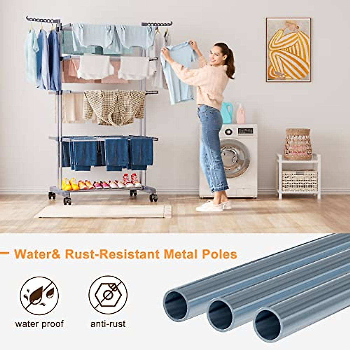 Raybee Clothes Drying Rack Folding Indoor 5-Tier 73.6" H Laundry Drying Rack Oversized Drying Rack Clothing Foldable Clothes Rack Drying with Wheels Outdoor Use