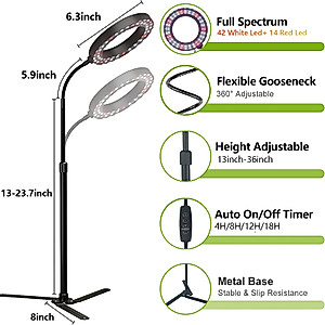 GooingTop Grow Light 6.3'' Ring,6000K 80W White Full Spectrum Gooseneck Plant Lamp for Indoor Home Office Plants Growing,Auto Timer 4 8 12 18Hrs,Height Extendable 15-36'' for Desktop Plants