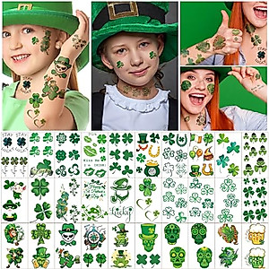 St Patricks Day Temporary Tattoos，70 Sheets 200+ Styles St Patricks Decoration Green Clover Shamrock Leprechauns Irish Flag Party Accessories Fake Tattoo Stickers for Men Women kids