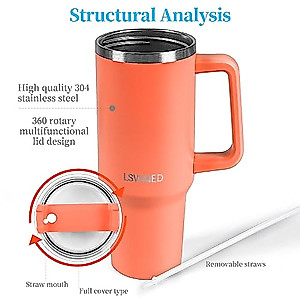 LSVUQED Tumbler With Handle 40 oz Travel Mug Straw Covers Cup with Lid Insulated Stainless Steel Water Iced Tea Coffee Gift .(Orange)