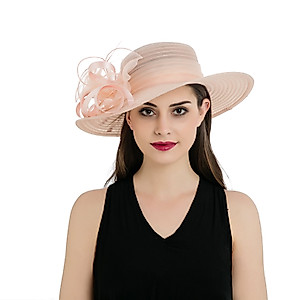Dantiya Womens Organza Wide Brim Floral Feather Ribbon Kentucky Derby Church Dress Sun Hat, Flesh Pink Free