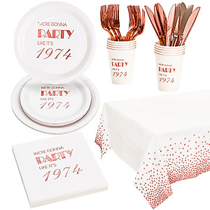 Crisky Rose Gold Tableware Set for Women 50th Birthday Party Decorations Supplies, Party 1974 Set of 24 (9" & 7" Plates, Luncheon Napkin, 9oz Cups, 106"×54" Tablecloth, Knife & Fork)