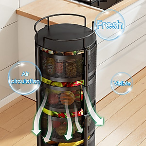 PXRACK Fruit Basket for Kitchen, 5 Tier Circular Rotating Basket Large Storage Rack with Wheels, Fruit and Vegetable Metal Wire Shelf with Top Lid for Living Room, Office, Black